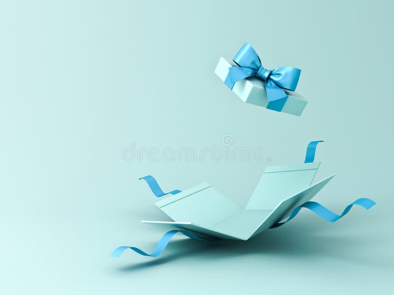 Blue Gift Box Open or Blank Present Box with Blue Ribbon and Bow on ...