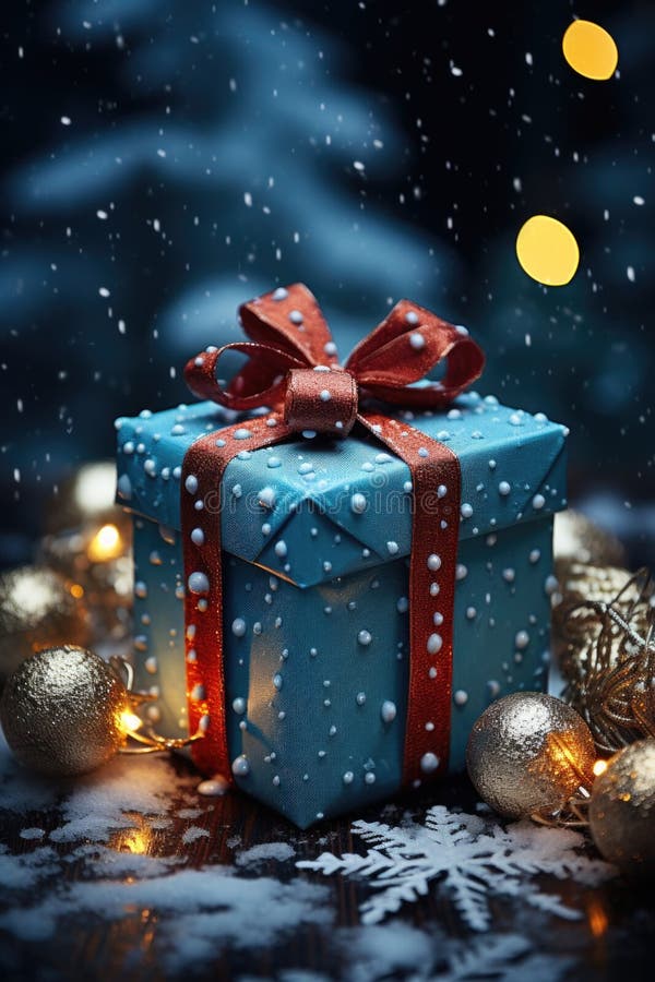 A Blue Gift Box with Red Ribbon and Christmas Decorations, AI Stock ...
