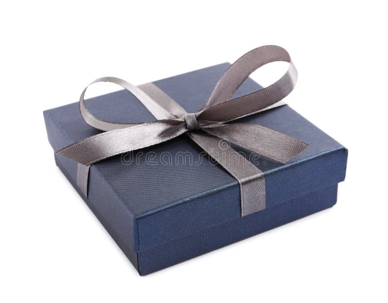 Blue Gift Box with Satin Bow on White Background Stock Image - Image of ...