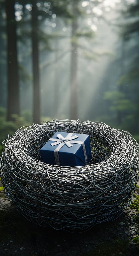 Blue Gift Box in Wire Nest in Forest Stock Illustration - Illustration ...