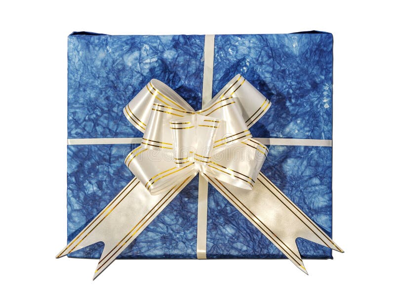 Blue Gift Box with White and Golden Ribbon and Bow Stock Image - Image ...