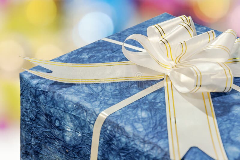 Blue Gift Box with White and Golden Ribbon and Bow Stock Photo - Image ...