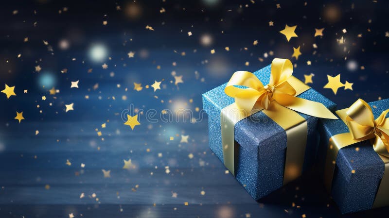 Blue Gift Boxes with Gold Ribbons and Stars on Blue Background ...