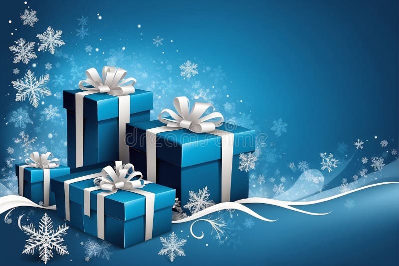 Blue Gift Boxes with Ribbons and Snowflakes on Blue Background Stock ...