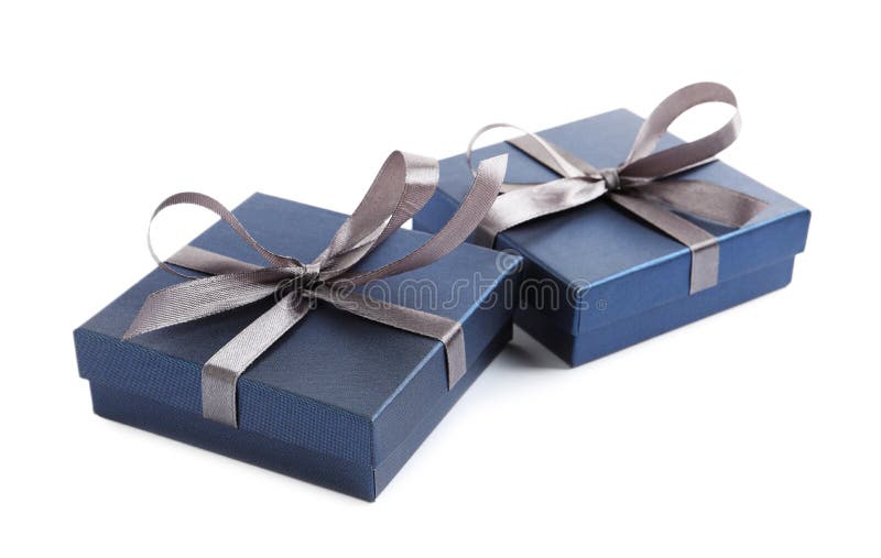 Blue Gift Boxes with Satin Bows on White Background Stock Photo - Image ...