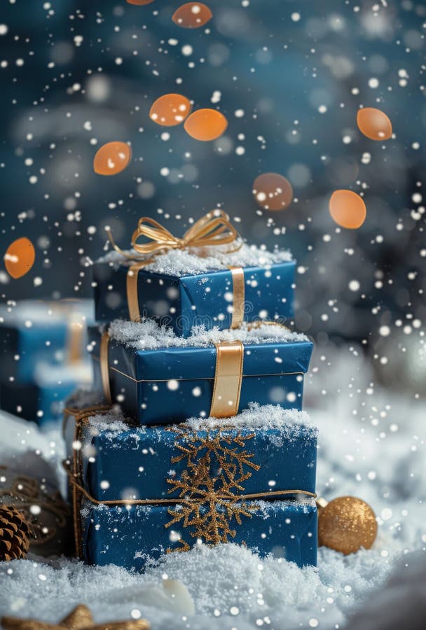 Blue Gift Boxes in the Snow with Snowflakes Stock Image - Image of ...