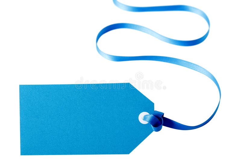 Blue Gift Tag or Label with Long Curly Ribbon Isolated on White Backg ...