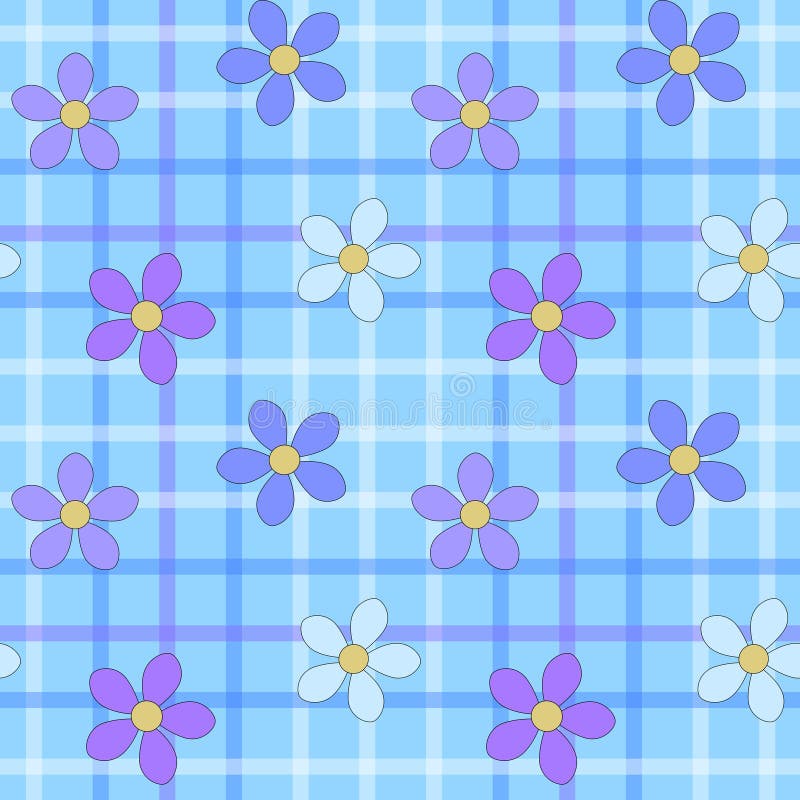 Blue Gingham Seamless Vector Pattern with Flowers Stock Illustration ...