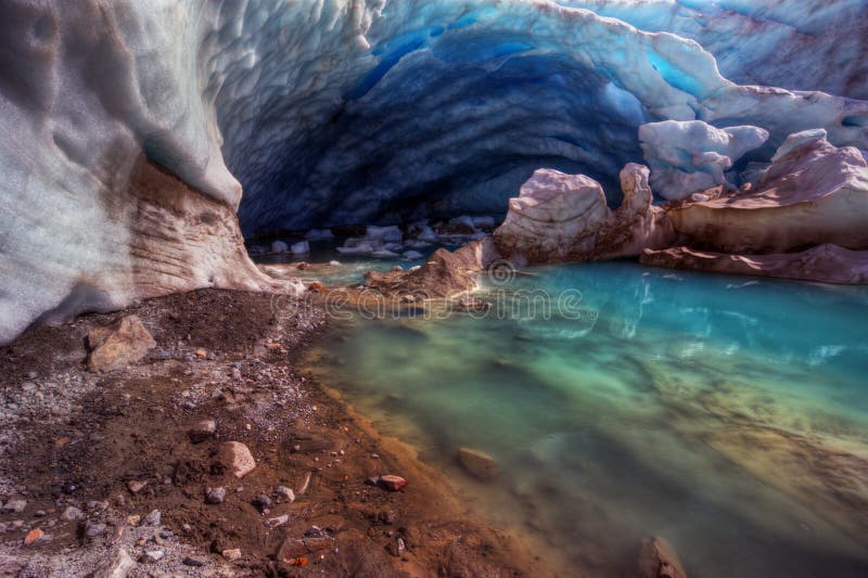 Blue Glacial Cave with Amazing Meltpool Stock Image - Image of glacier ...