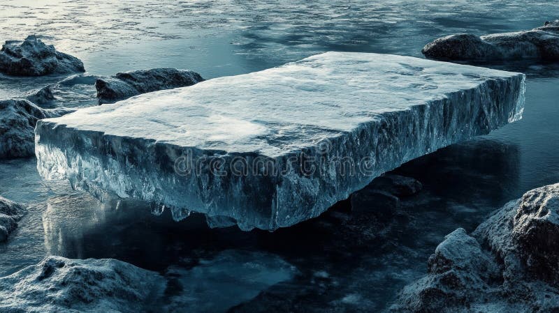 Blue Glacial Ice Block on Dark Rocks Near Ocean Stock Illustration ...
