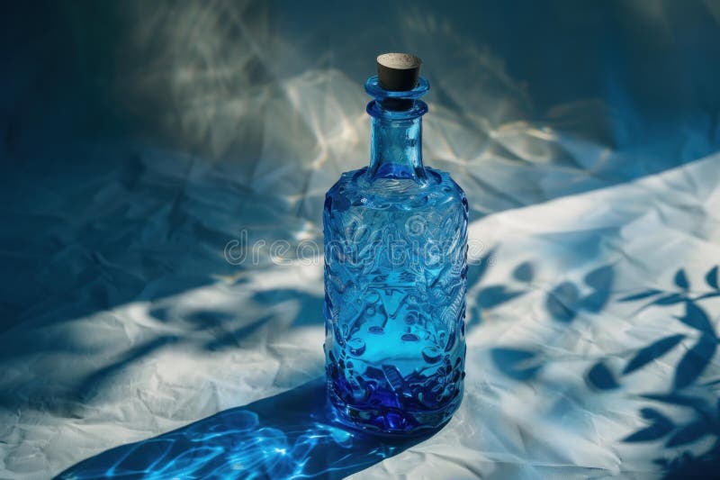 Blue Glass Bottle Casting Shadows on White Fabric in Sunlight Stock ...