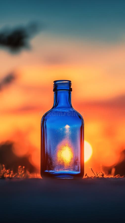 Blue Glass Bottle with Sunset Reflection and Warm Colors. Tranquility ...