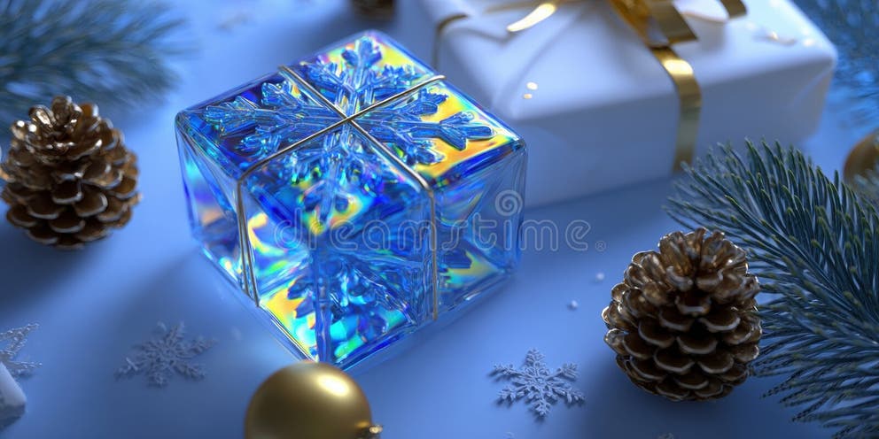 Blue Glass Cube Gift Box with Gold Bow and Pine Cones on White ...