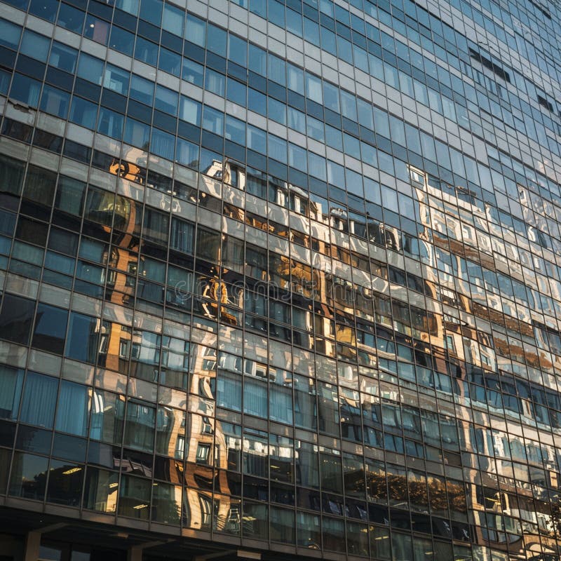 Blue Glass Facade of a Modern Building Reflecting a Distorted Urban ...