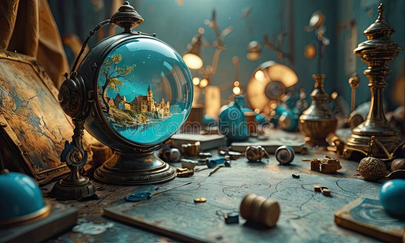 A Blue Glass Globe with a Fish Inside is Sitting on a Table with Other ...