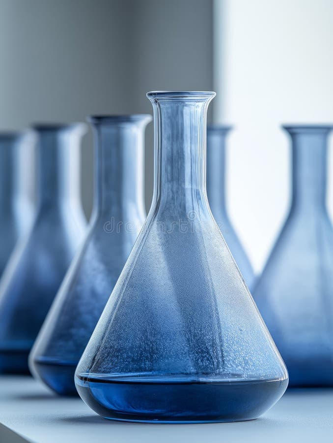 Blue Glass Laboratory Flasks on a White Surface Stock Image - Image of ...