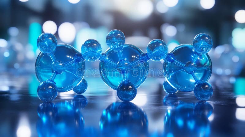 Blue Glass Molecule Model on Reflective Surface Stock Illustration ...