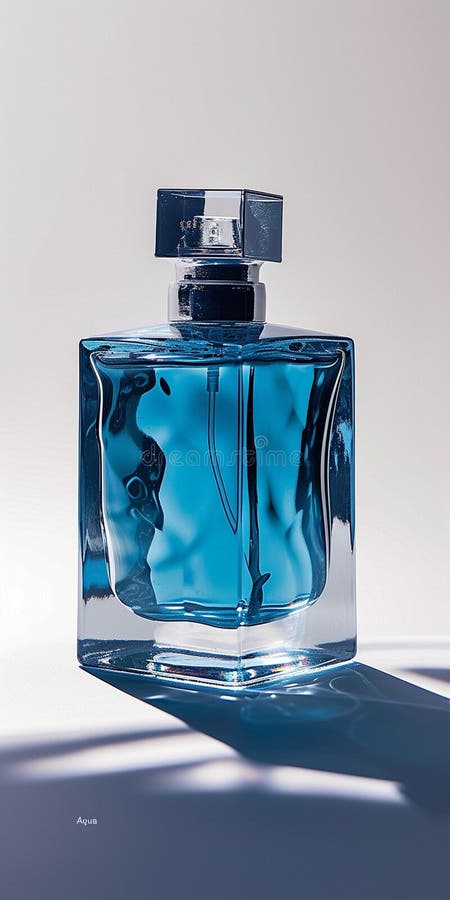 Blue Glass Perfume Bottle with Silver Cap on White Background Stock ...