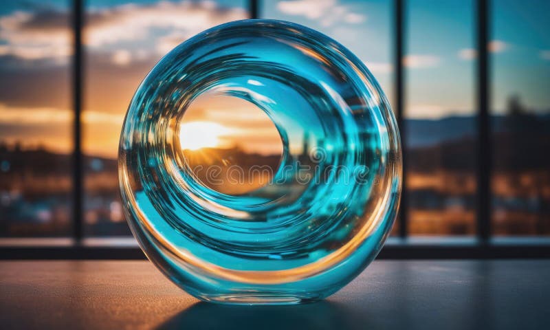 A Blue Glass Sphere Sits on a Table, with a Sunset View through the ...
