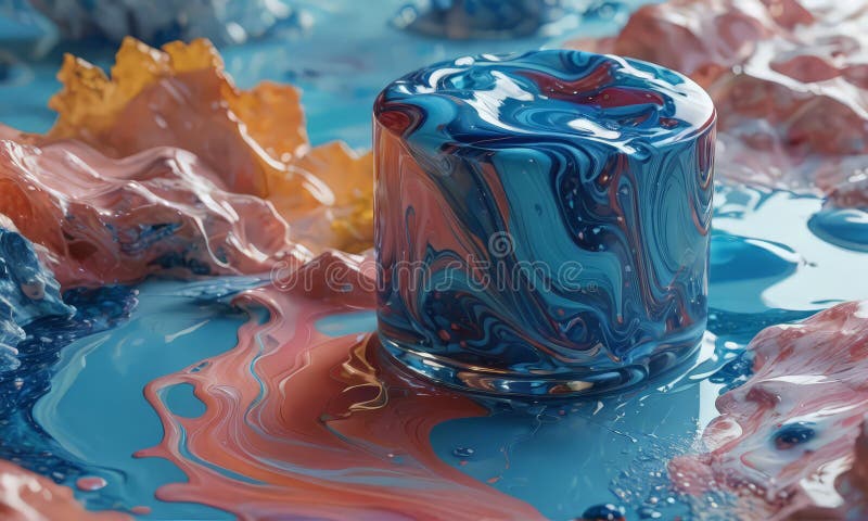 Blue Glass with Swirling Patterns Sits on Surface, Surrounded by Pink ...