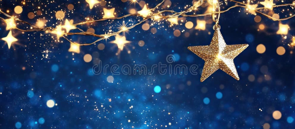 Blue Glittering String Star Lights Bokeh Background Stock Illustration ...