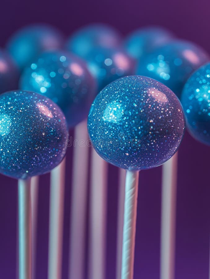 Blue Glittery Lollipops on Sticks Against a Purple Background. Stock ...