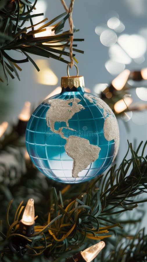 Blue Globe Ornament on Christmas Tree with Lights Holiday Season ...