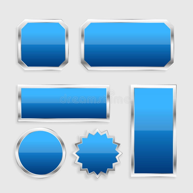 Blue Glossy Buttons Set with Metallic Frame Stock Vector - Illustration ...