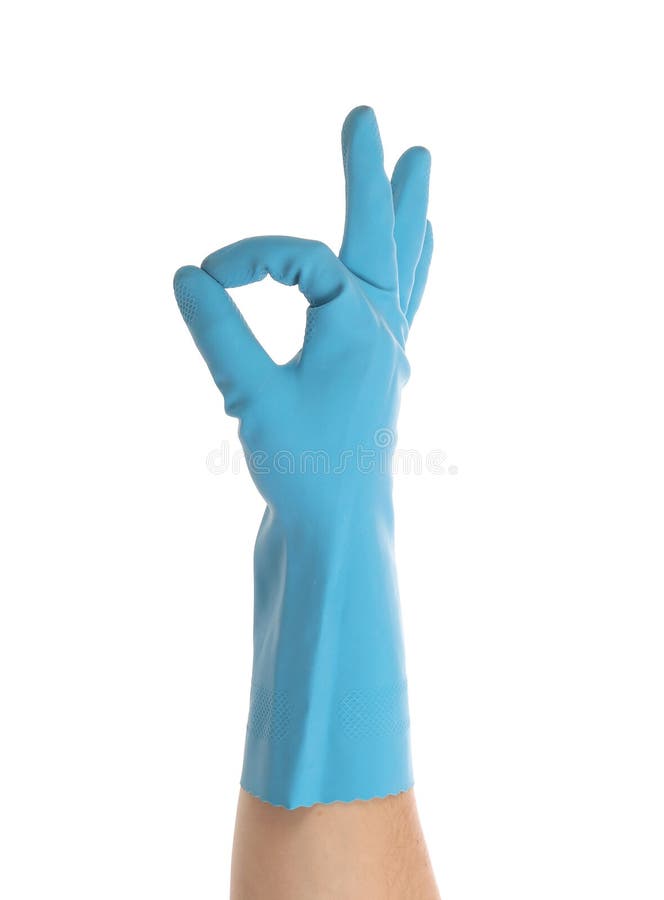Blue Glove on Hand Shows Sign Ok. Stock Image - Image of clean, person ...