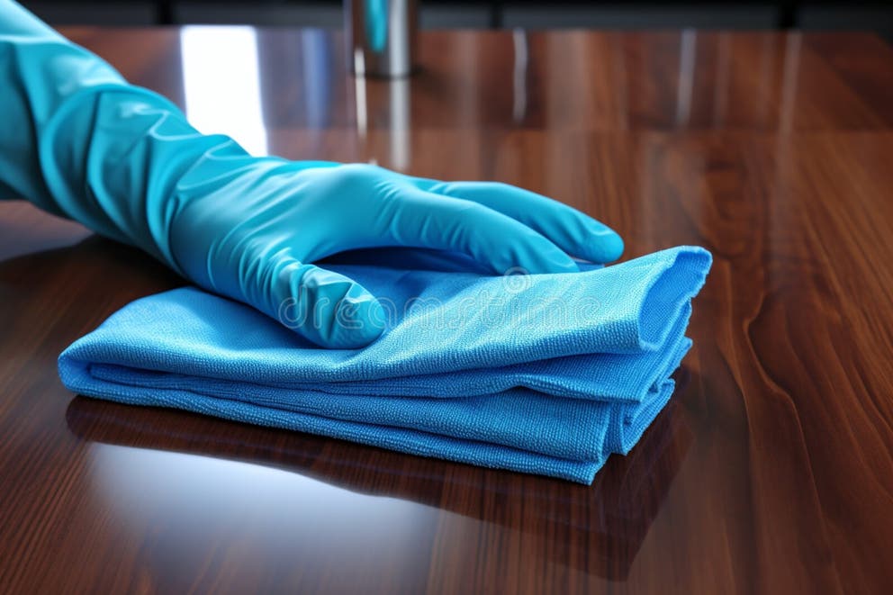 Blue Gloved Hand Caresses the Table, Ensuring Pristine Cleanliness ...