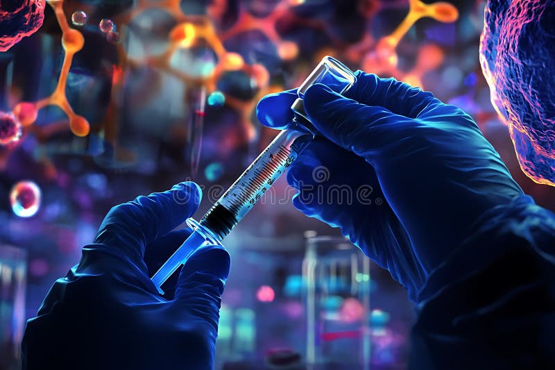 Blue Gloved Hands Draw Liquid into Syringe. Abstract Molecules ...