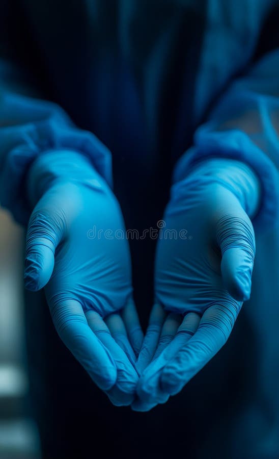 Blue-gloved hands ready! stock image. Image of trust - 356652919