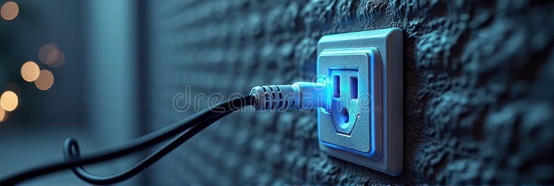 Blue Glow Electric Plug in Wall Socket Against Textured Surface Stock ...