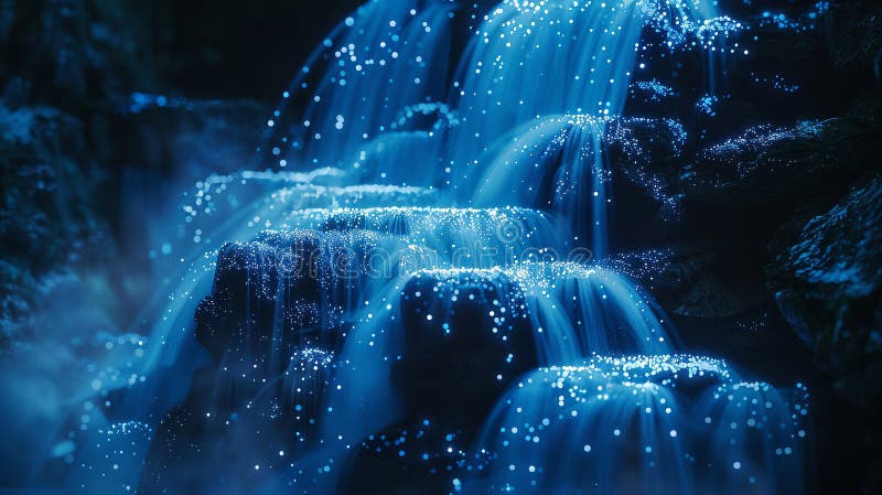 Blue Glow Particles Creating a Cascading Waterfall Effect, Illuminating ...