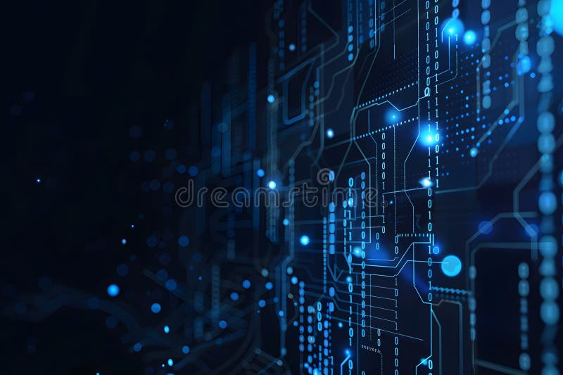 Blue Glowing Binary Code and Circuit Board on Dark Background - AI Generated Stock Illustration ...