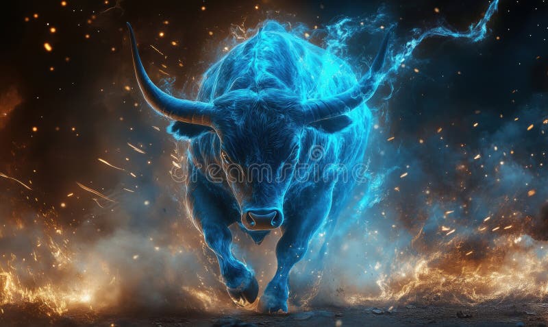 Blue Glowing Bull Charging through Flames with Fiery Background Effects ...