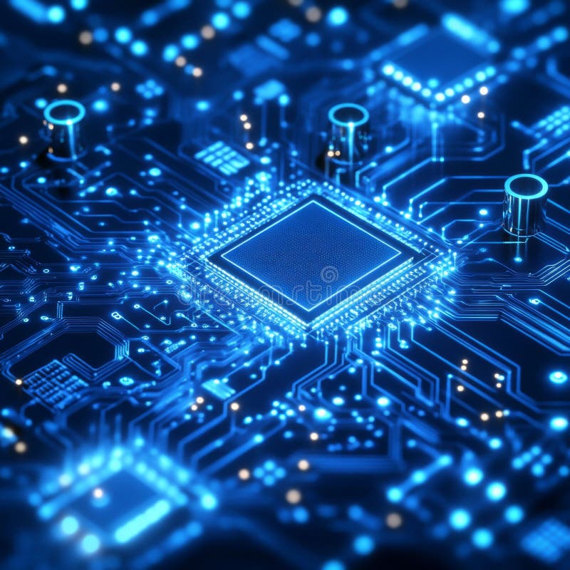 Blue Glowing Circuit Board with Central Microchip in Futuristic ...