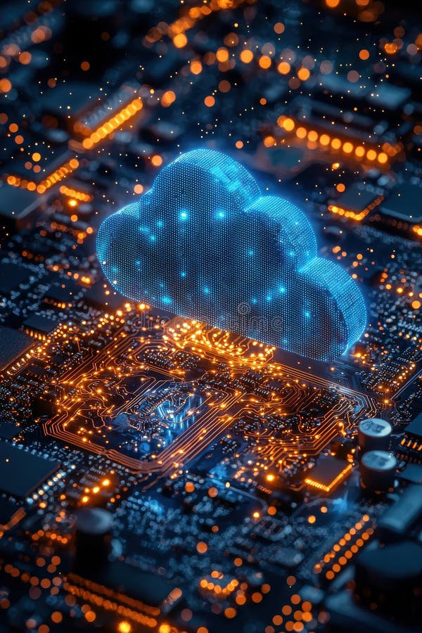 Blue Glowing Cloud Icon Symbolizing Technology and Innovation in a Circuit Setting Stock Image ...