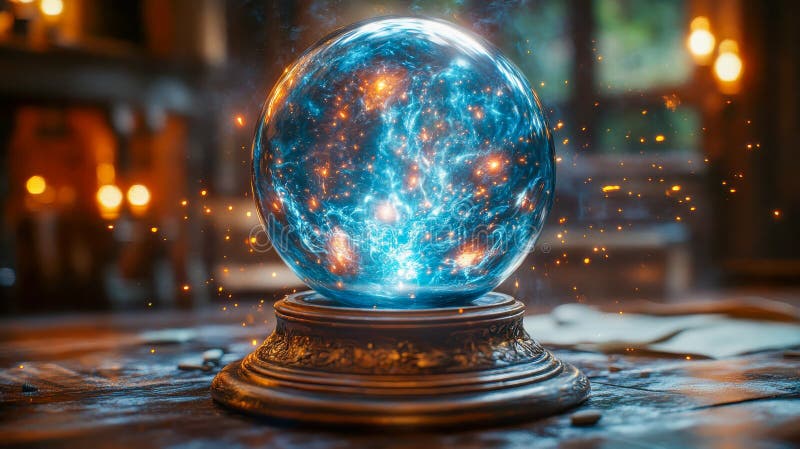 Blue Glowing Crystal Ball with Fiery Particles Floating Inside, Set in ...