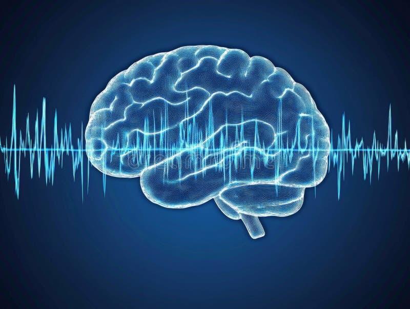 Blue Glowing Digital Brain Overlaid with Dynamic EEG Waveforms ...