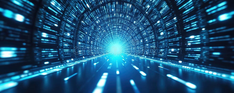 Blue Glowing Digital Tunnel of Binary Code. Abstract Cyberspace Perspective with Lines of Data ...