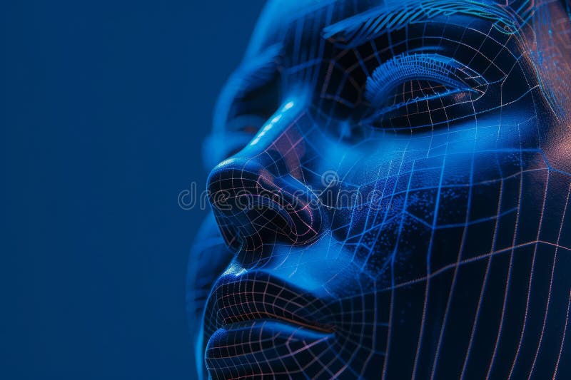 Blue Glowing Digital Wireframe of a Human Face in Profile Stock ...