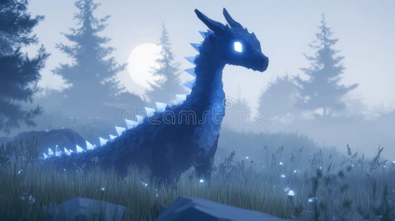 Blue Glowing Dragon in Foggy Forest at Night Stock Illustration ...
