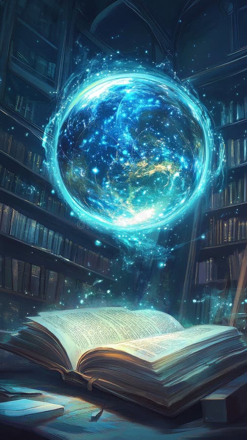 Blue Glowing Earth-like Orb Hovering Over an Open Book Stock Photo ...