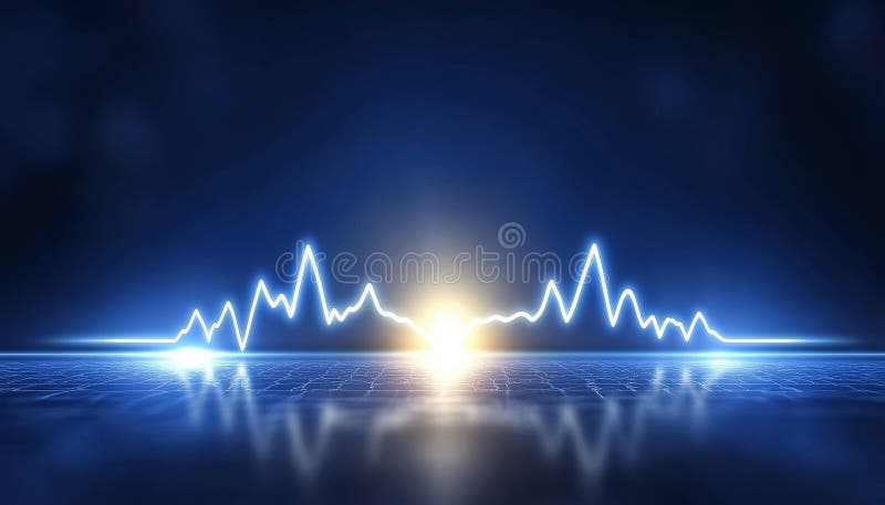 Blue, Glowing EKG or Soundwave Data Line on Reflective Grid with Bright ...