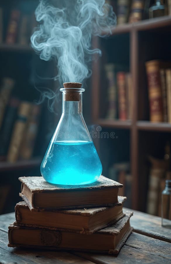 Blue Glowing Elixir in Flask on Stack of Old Books. Concept of Vintage ...