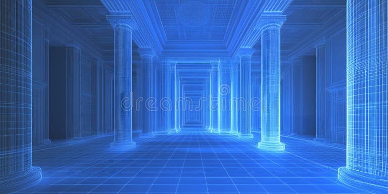 Blue Glowing Hallway of Pillars Stock Illustration - Illustration of ...