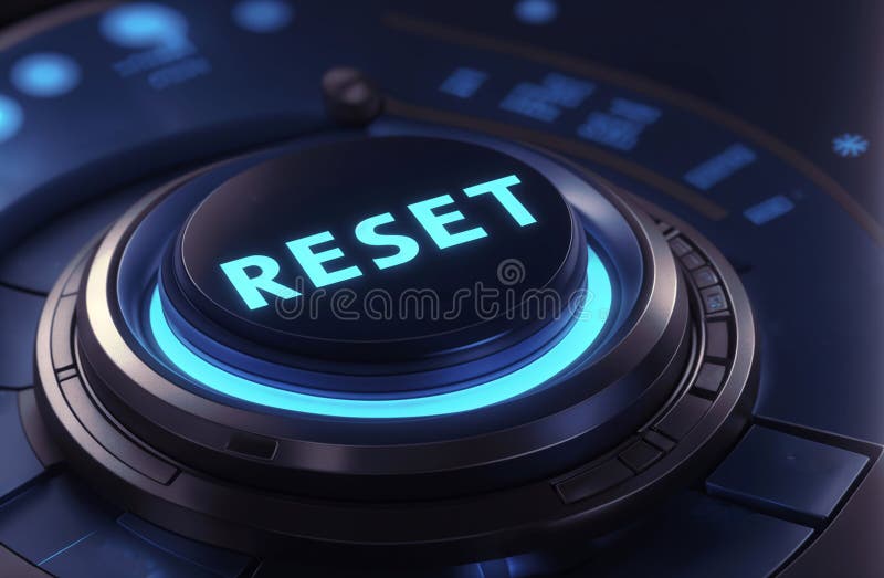 Blue Glowing Initiation Start Button with the Text Word RESET in a 3d ...