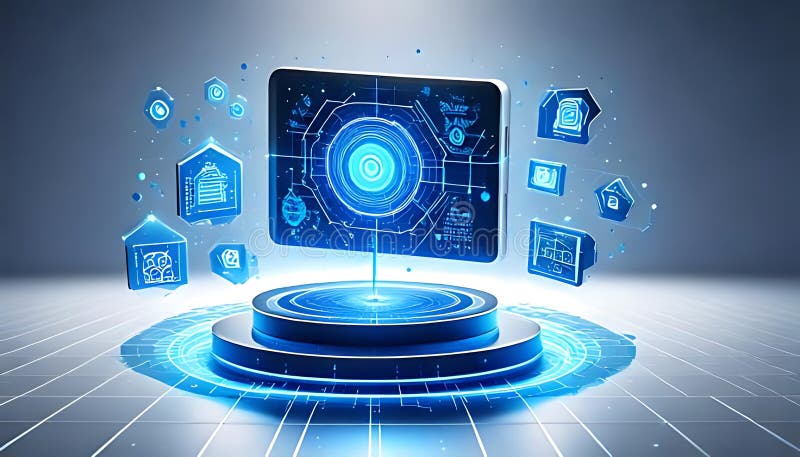 A Blue Glowing Interface Levitates Over Its Lighted Circular Platform ...