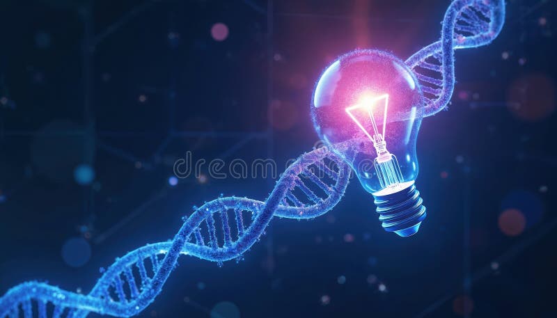 Blue Glowing Light Bulb Casting on Vibrant DNA Molecule Helix, Biotech ...